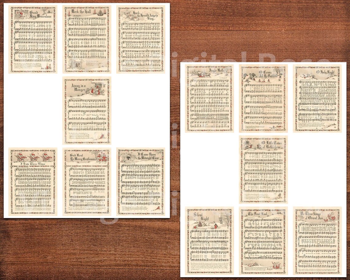 Printable Vintage Christmas Carols Color Illustrations Popular Songs ...