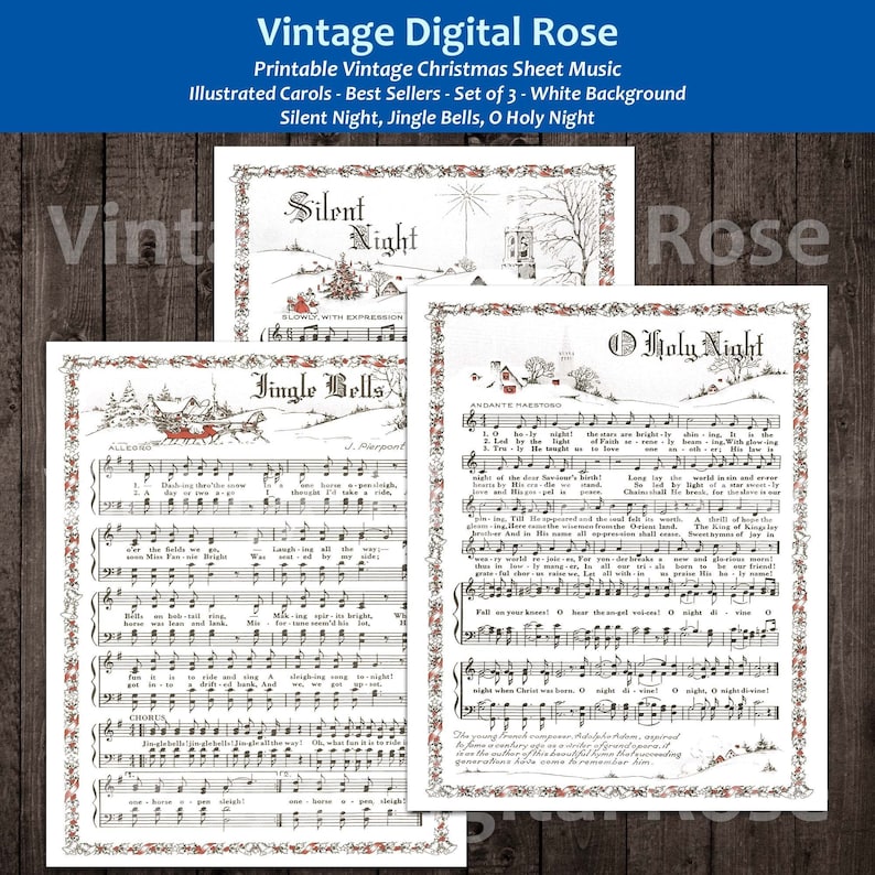Printable Vintage Christmas Carols Color Illustrations Christmas Songs ...