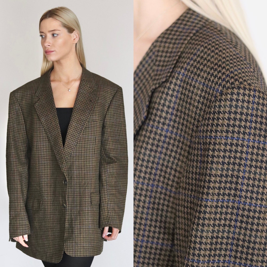 Vinatge Brown Check Pattern Blazer With Blue Detail, 90s Unisex Womens ...