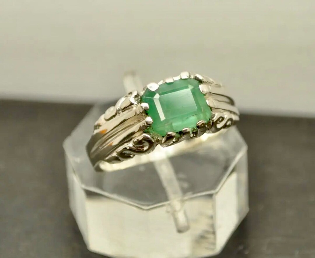 Natural Emerald Ring, Sterling Silver 925 Green Emerald Band Zamurd ...