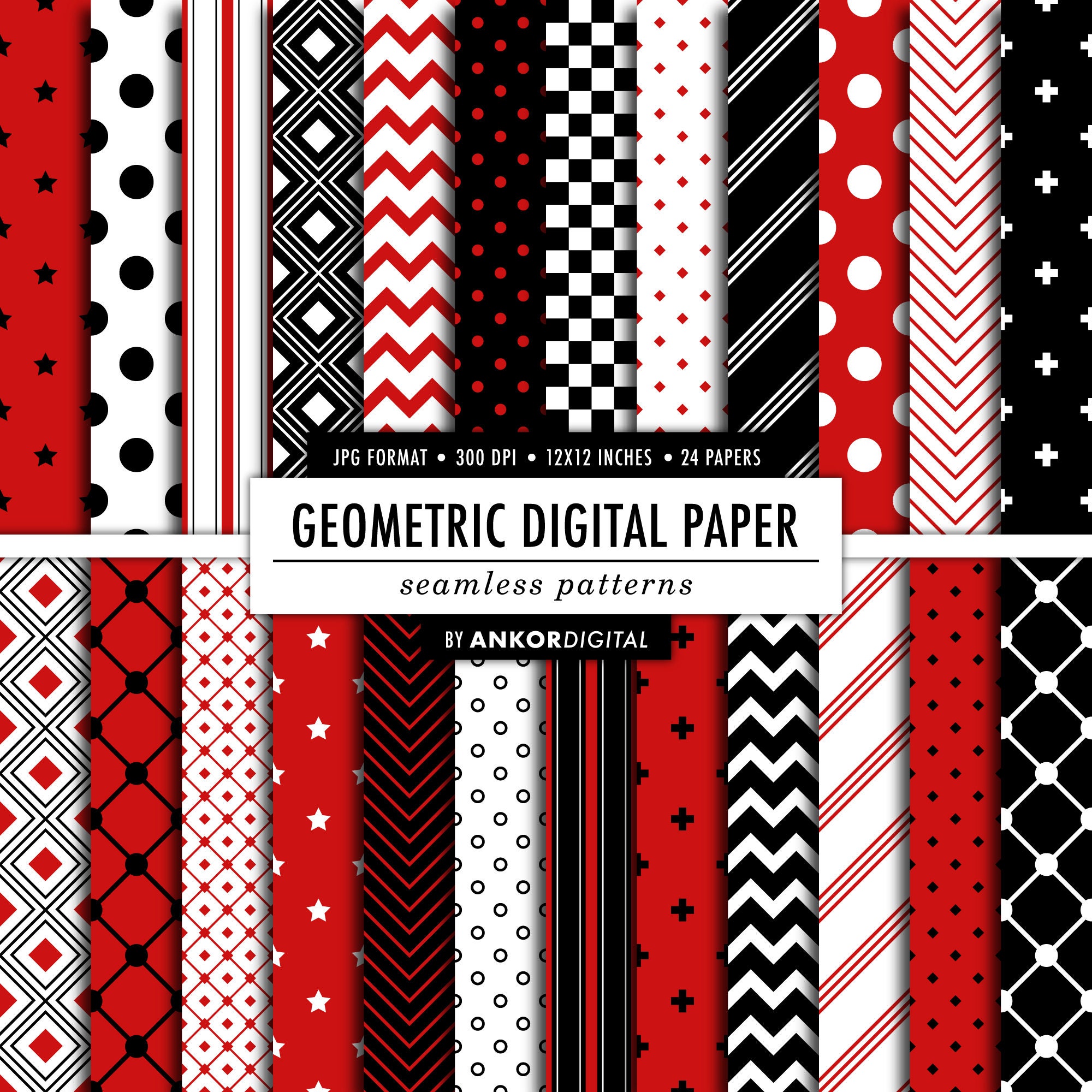 Printable Digital Paper, Seamless Pattern Geometric Chevron Polka Dots ...
