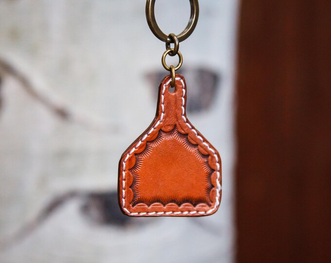Hand Tooled & Carved Genuine Leather Cow Tag Keychain - Etsy