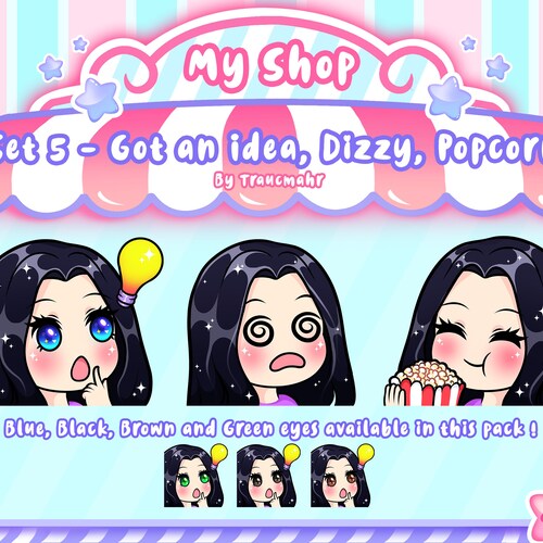 Got an Idea Dizzy and Popcorn Cute Chibi Black Hair Emotes - Etsy