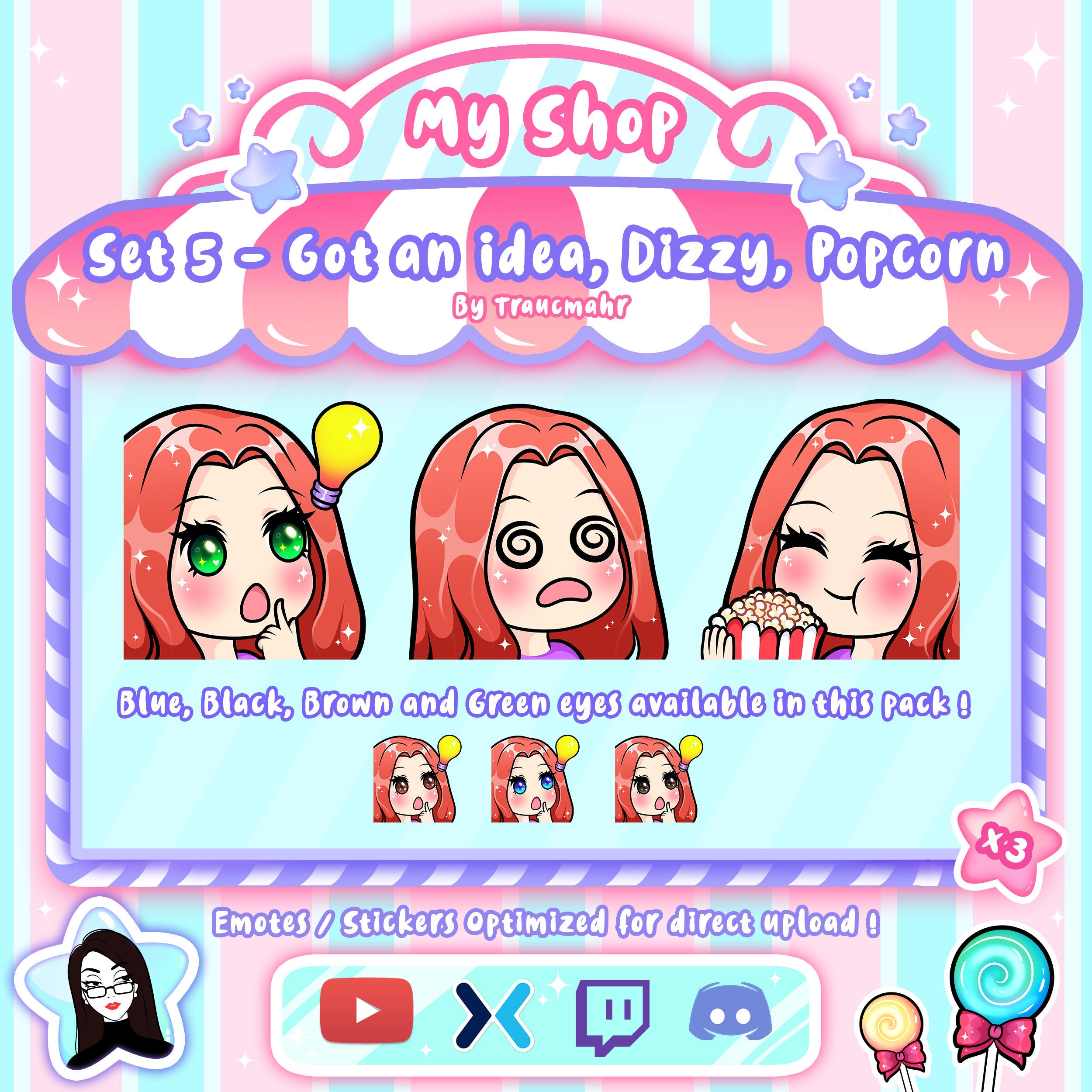 Got an Idea Dizzy and Popcorn Cute Chibi Red Hair Emotes Pack - Etsy