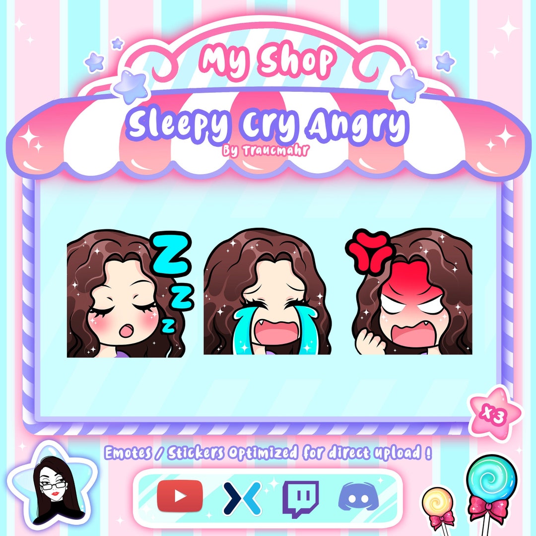 Chibi Cry, Angry and Sleepy Curly Brown Hair Emotes for Twitch, Discord ...