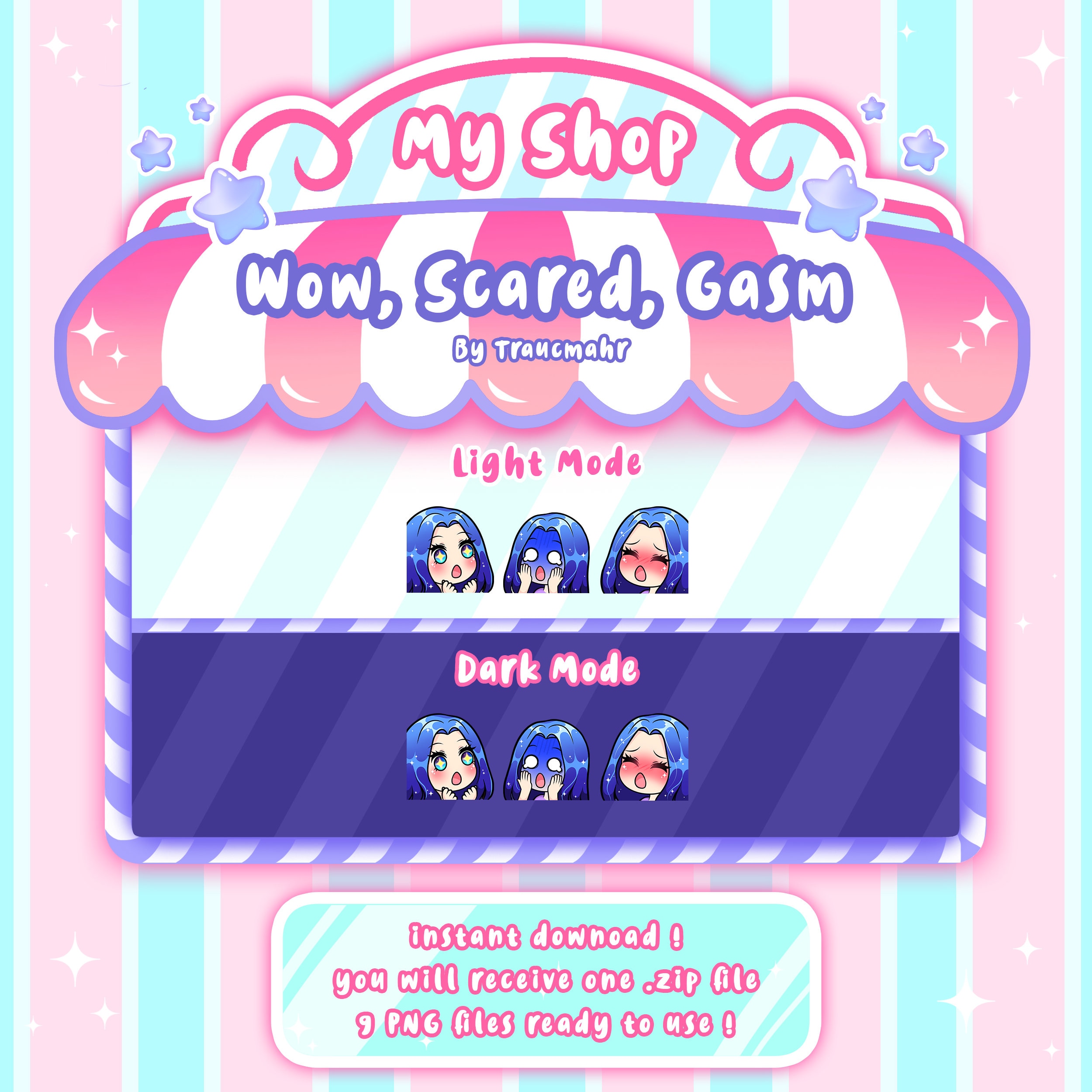 Wow Scared Gasm Cute Chibi Blue Hair Emotes Pack für Twitch | Etsy