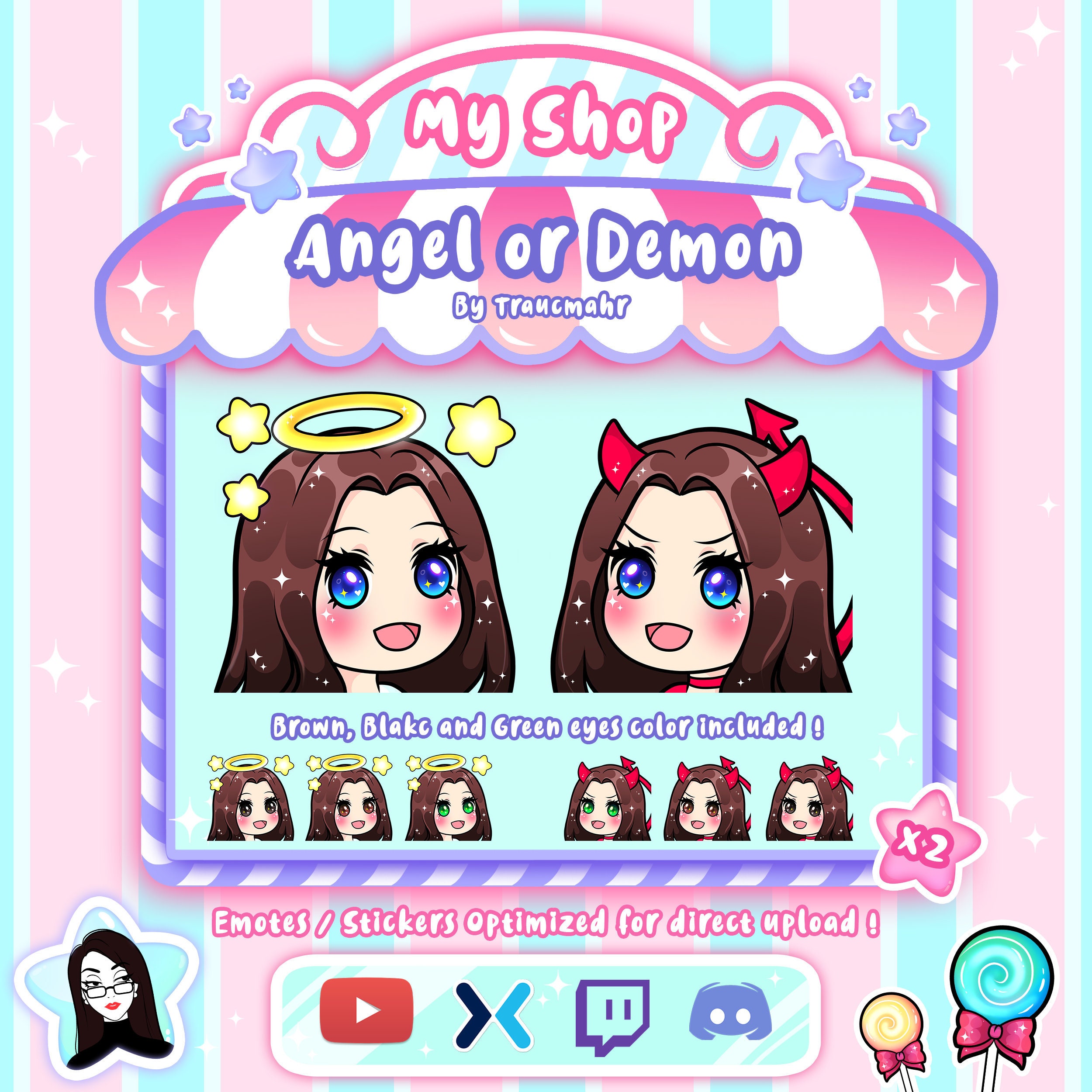 Angel or Demon Brown Hair Girl Emotes for Twitch Discord | Etsy