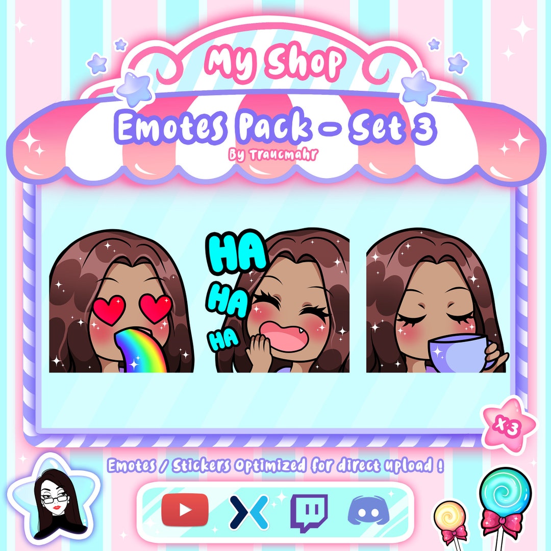 Rainbow, Laugh and Sip Girl Brown Hair Emotes Pack for Twitch, Discord ...