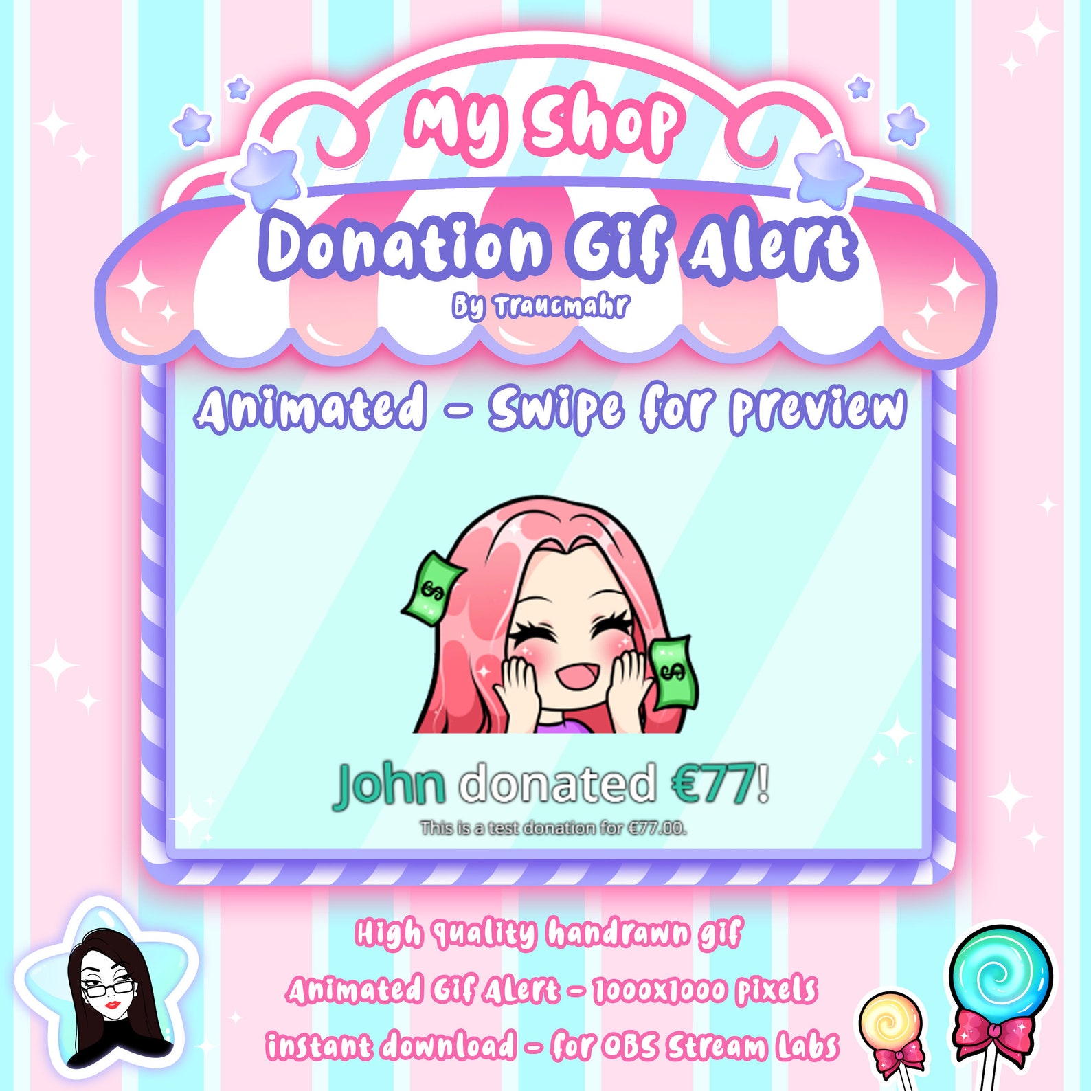 ALERTA DE Donación GIF ANIMADA de una chica de pelo rosa Chibi - Etsy ...
