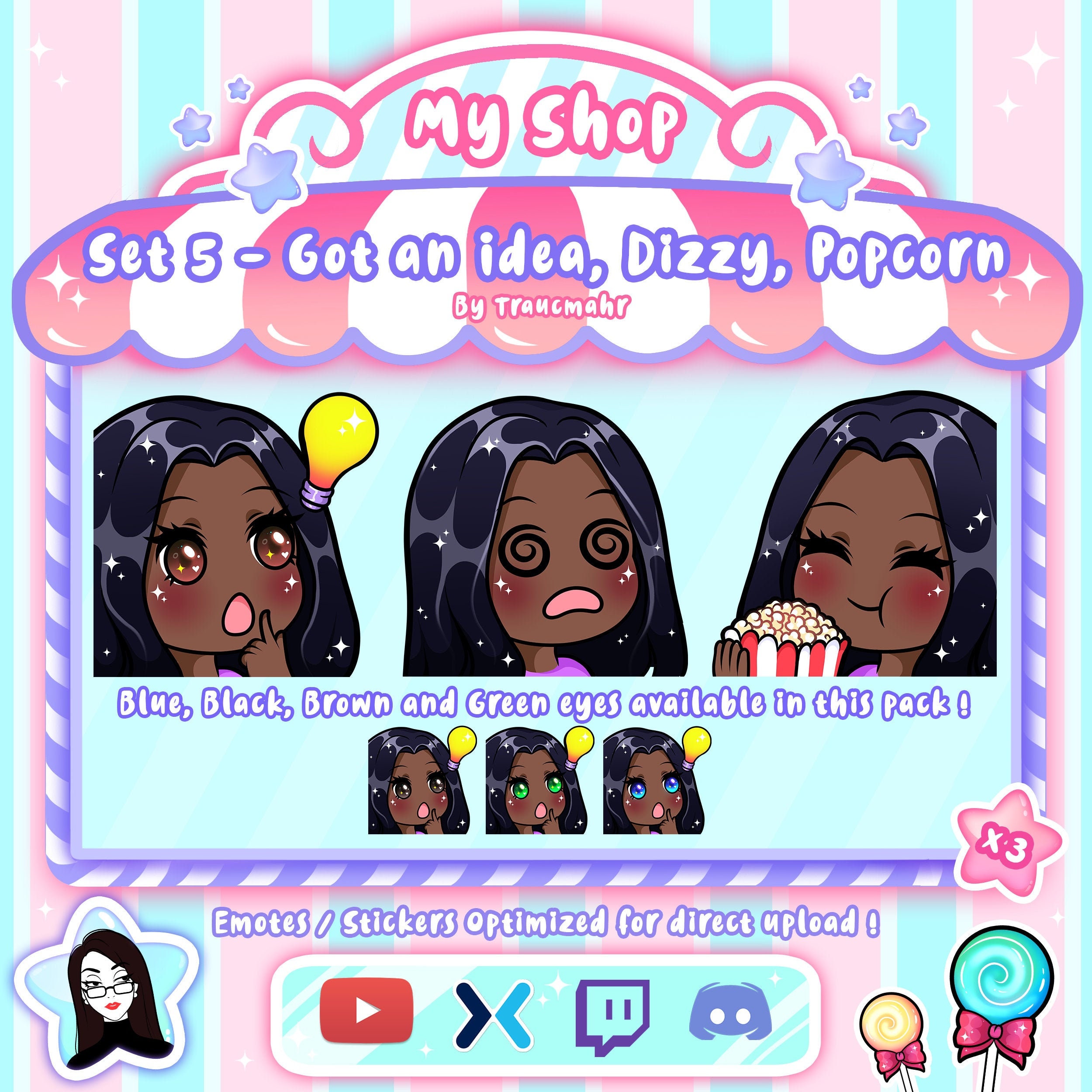 Got an Idea Dizzy and Popcorn Cute Chibi Black Hair Emotes | Etsy