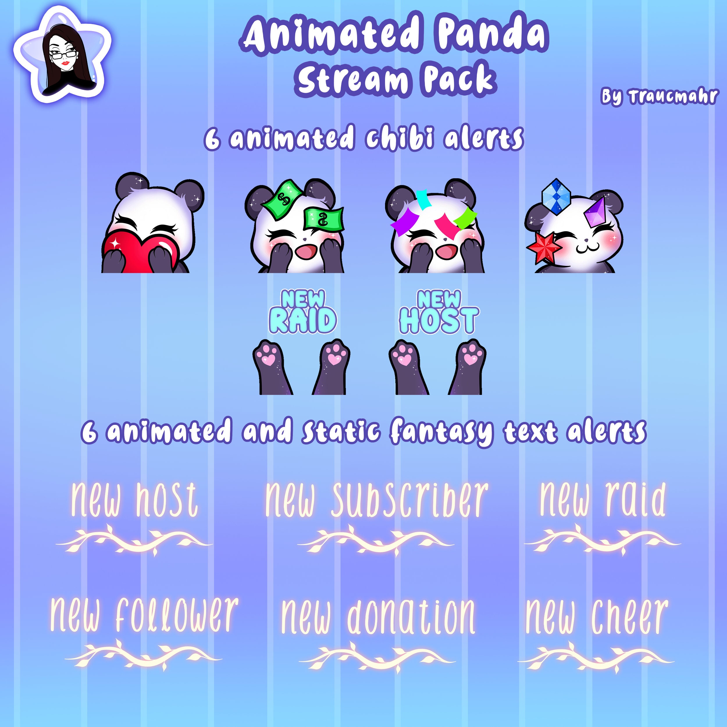 ANIMATED Panda Stream Pack, Overlays, Scenes, Alerts, Panels, Camera, Screen Borders, Chibi ...