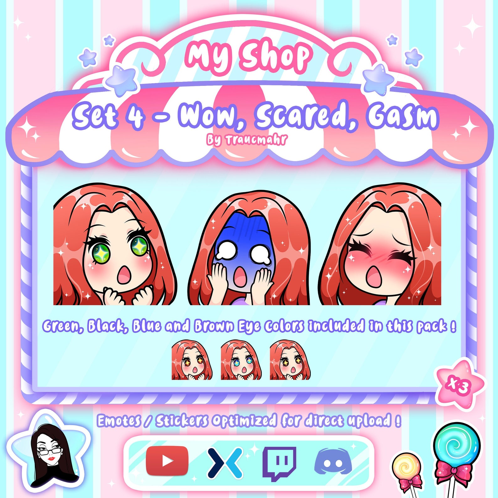 Wow Scared Gasm Cute Chibi Red Hair Emotes Pack for Twitch | Etsy