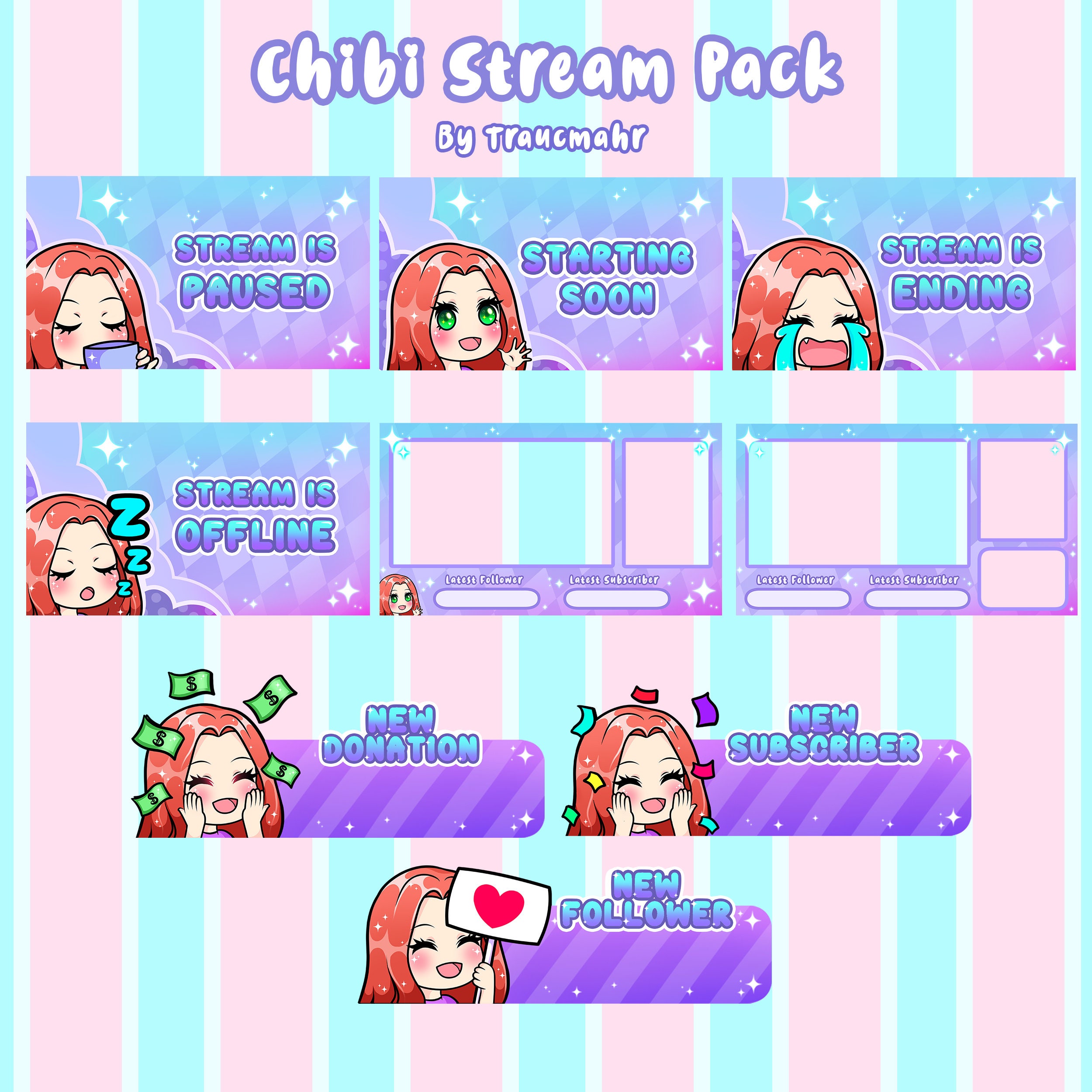Cute Red Hair Chibi Overlays Scenes and Alerts Pack for | Etsy