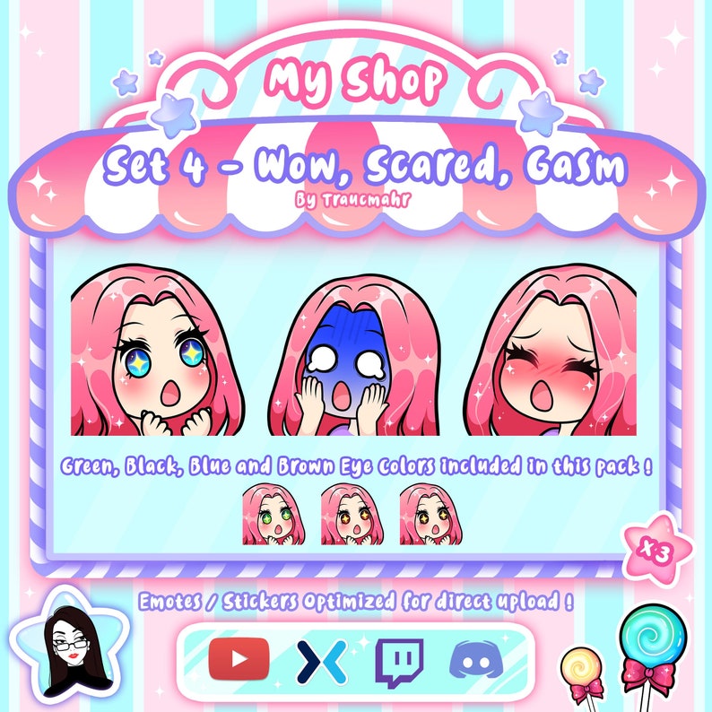 Wow Scared Gasm Cute Chibi Pink Hair Emotes Pack for Twitch - Etsy