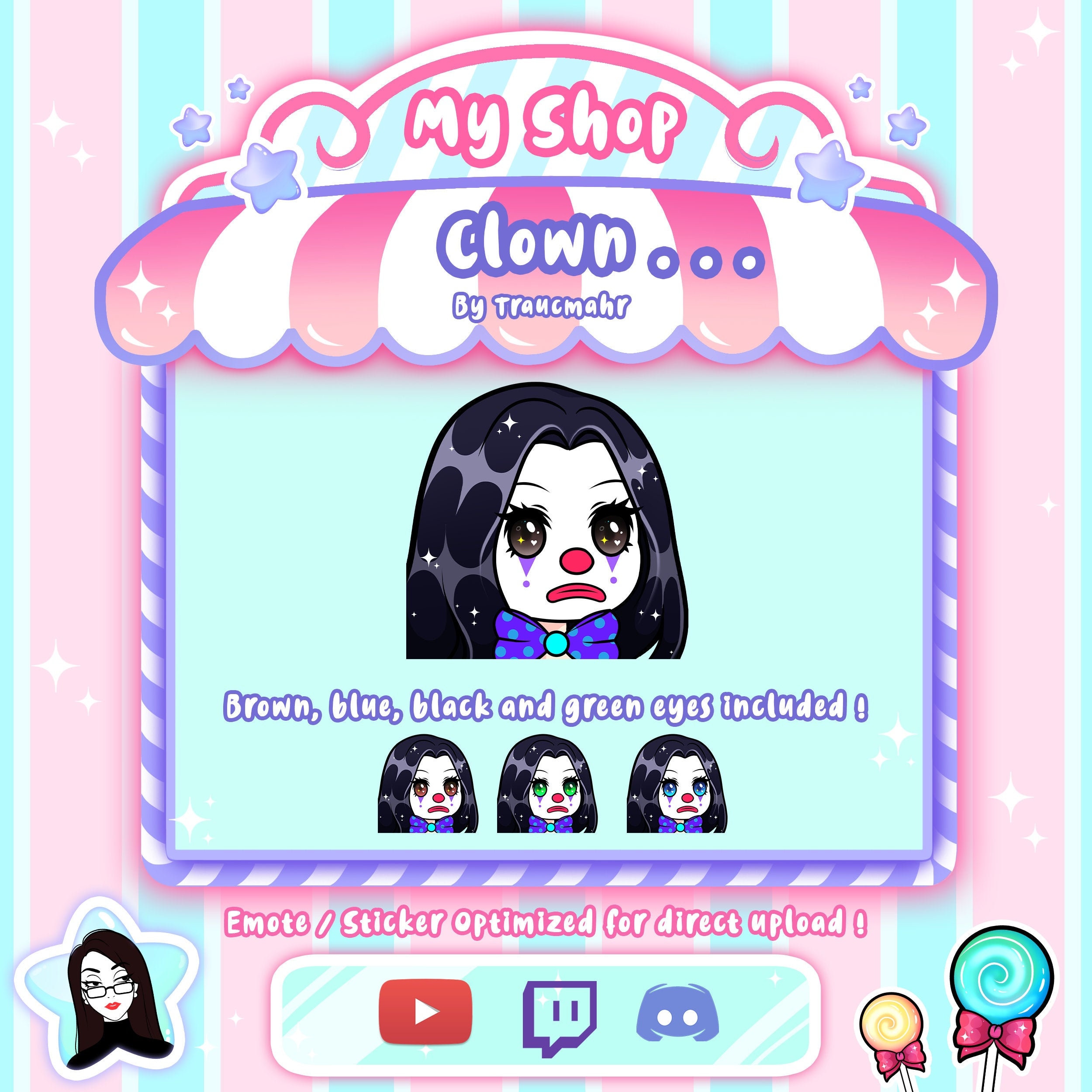 Cute Chibi Black Hair Girl Clown Emote for Twitch Discord and - Etsy