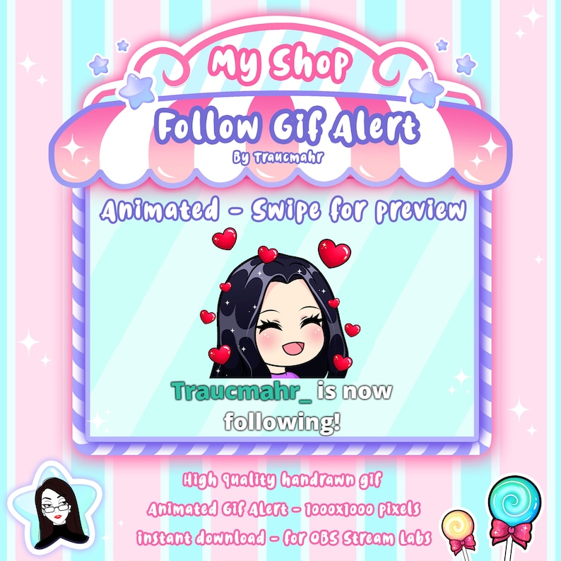 Animated Gif New Follower Alert of a Cute Chibi Black Hair - Etsy