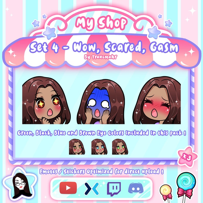 Wow Scared Gasm Cute Chibi Brown Hair Emotes Pack for Twitch - Etsy