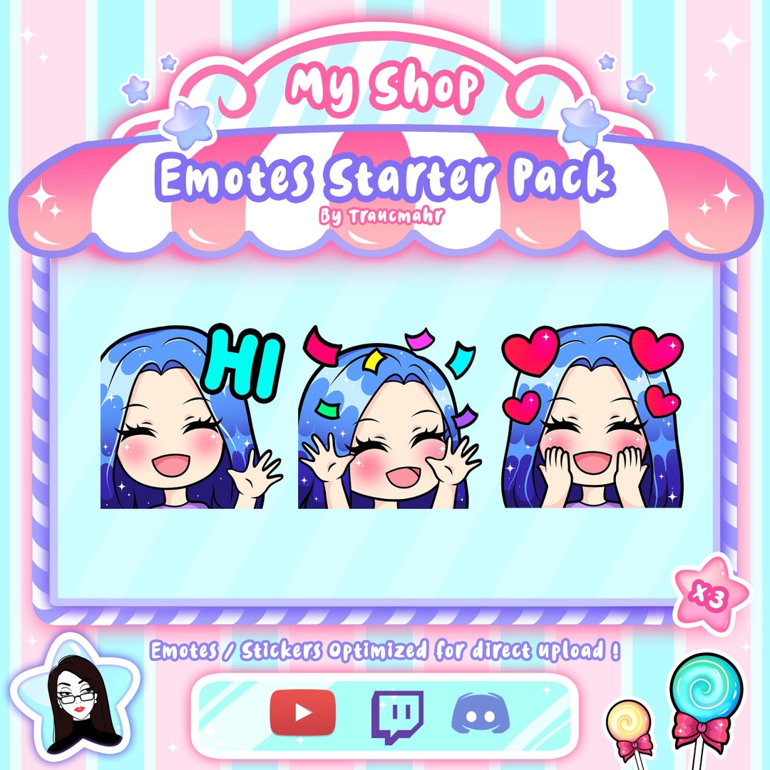 Chibi Blue Hair Emotes Starter Pack for Streaming on Twitch, Discord ...