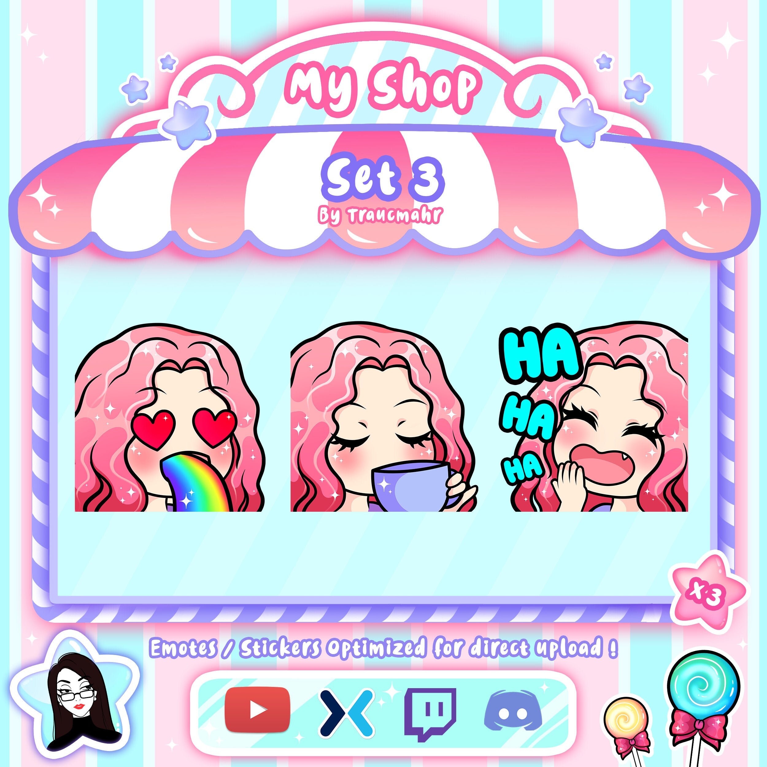 Rainbow Laugh Sip Cute Chibi Curly Pink Hair Emotes for - Etsy
