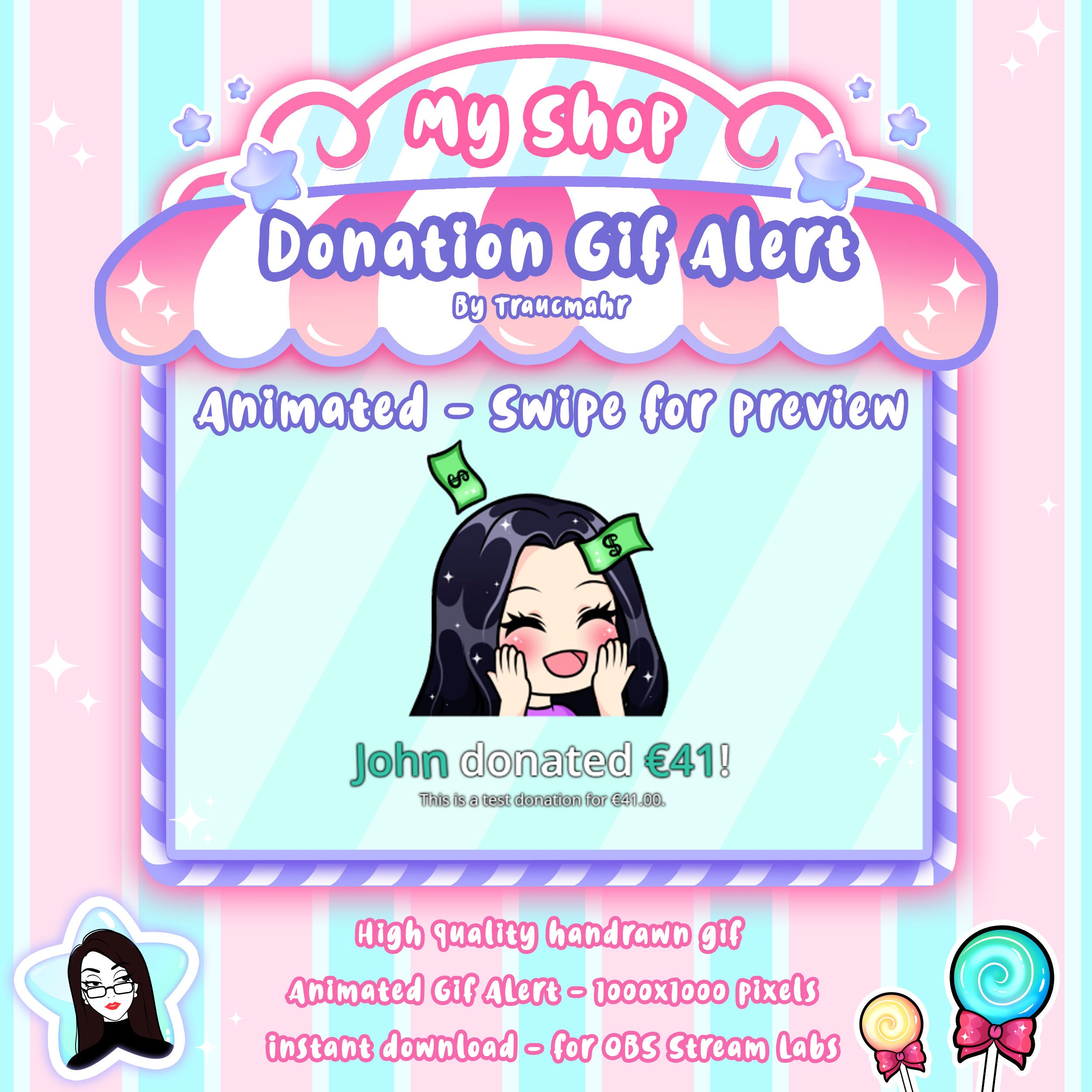 Animated Gif Donation Alert of a Cute Chibi Black Hair Girl - Etsy