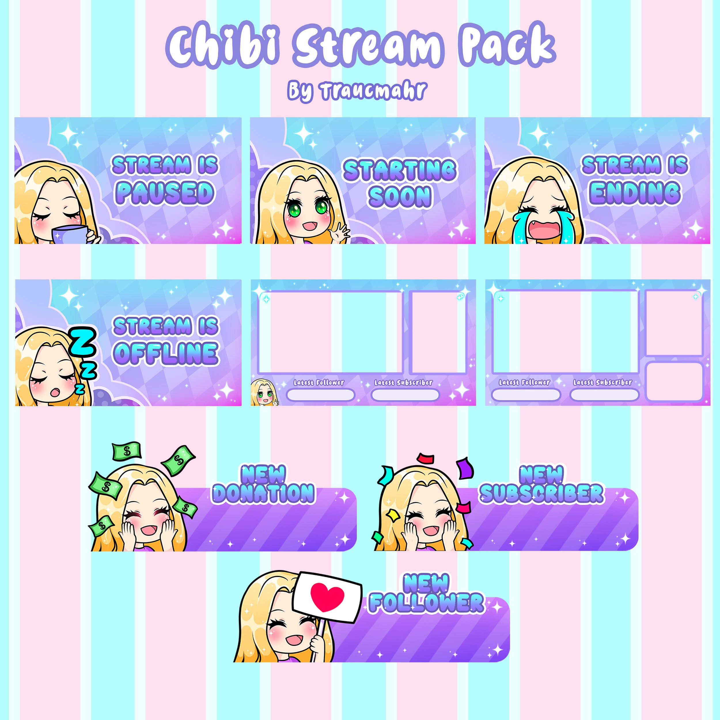 Cute Blonde Hair Chibi Overlays Scenes and Alerts Pack for Streaming on ...