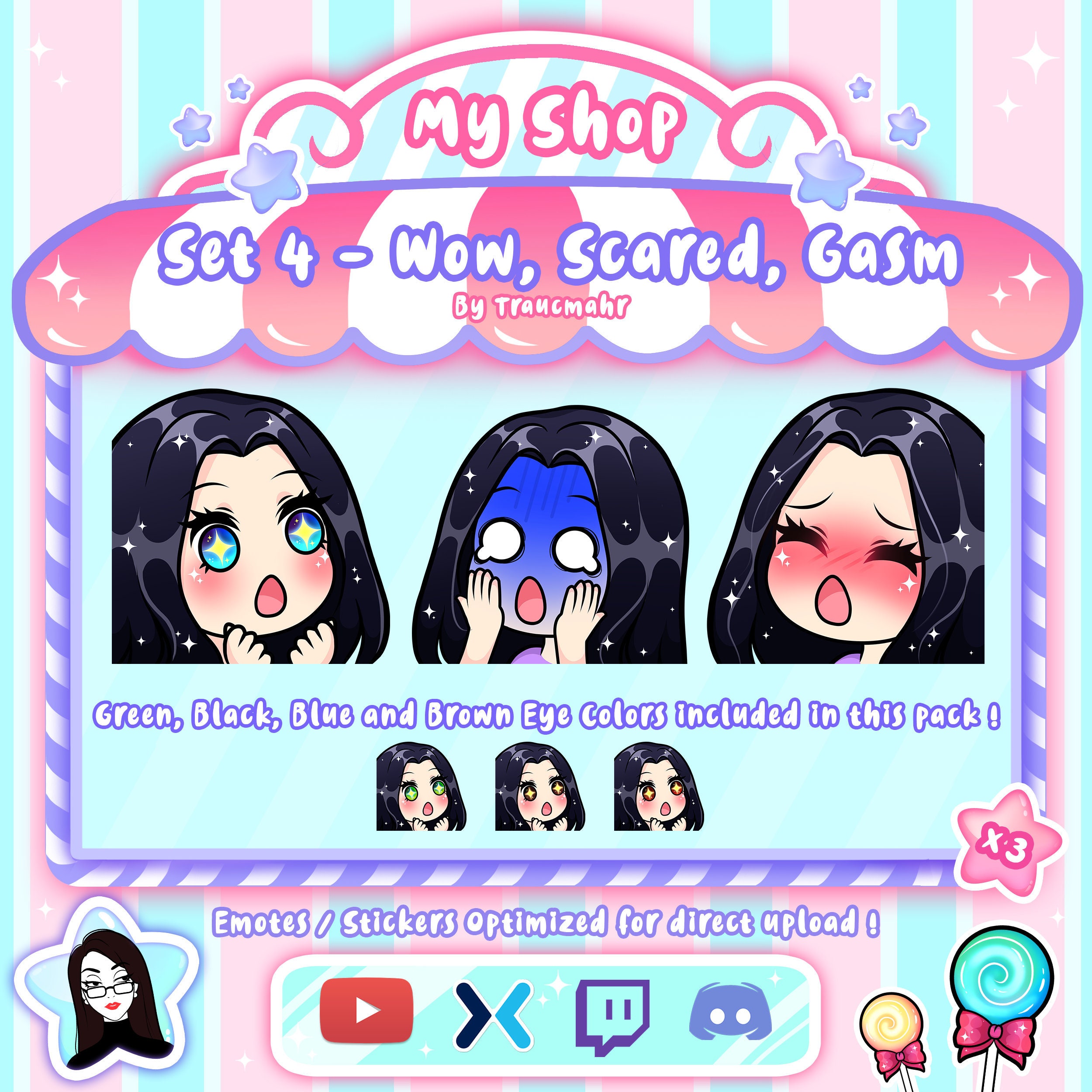 Wow Scared Gasm Cute Chibi Black Hair Emotes Pack for Twitch - Etsy