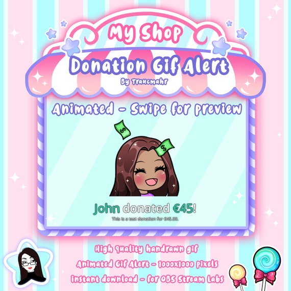 Animated Gif Donation Alert of a Cute Chibi Brown Hair Girl | Etsy