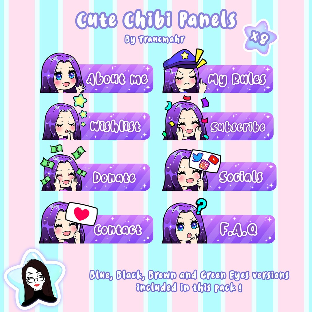 Streaming Panels, Cute Purple Hair Chibi Panels for Streaming on Twitch ...