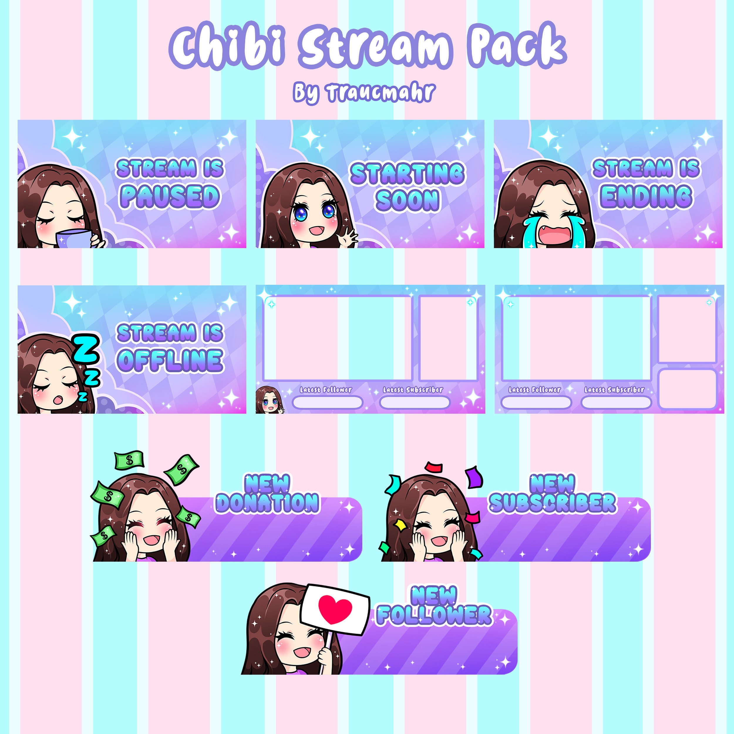 Cute Brown Hair Chibi Overlays Scenes and Alerts Pack for | Etsy