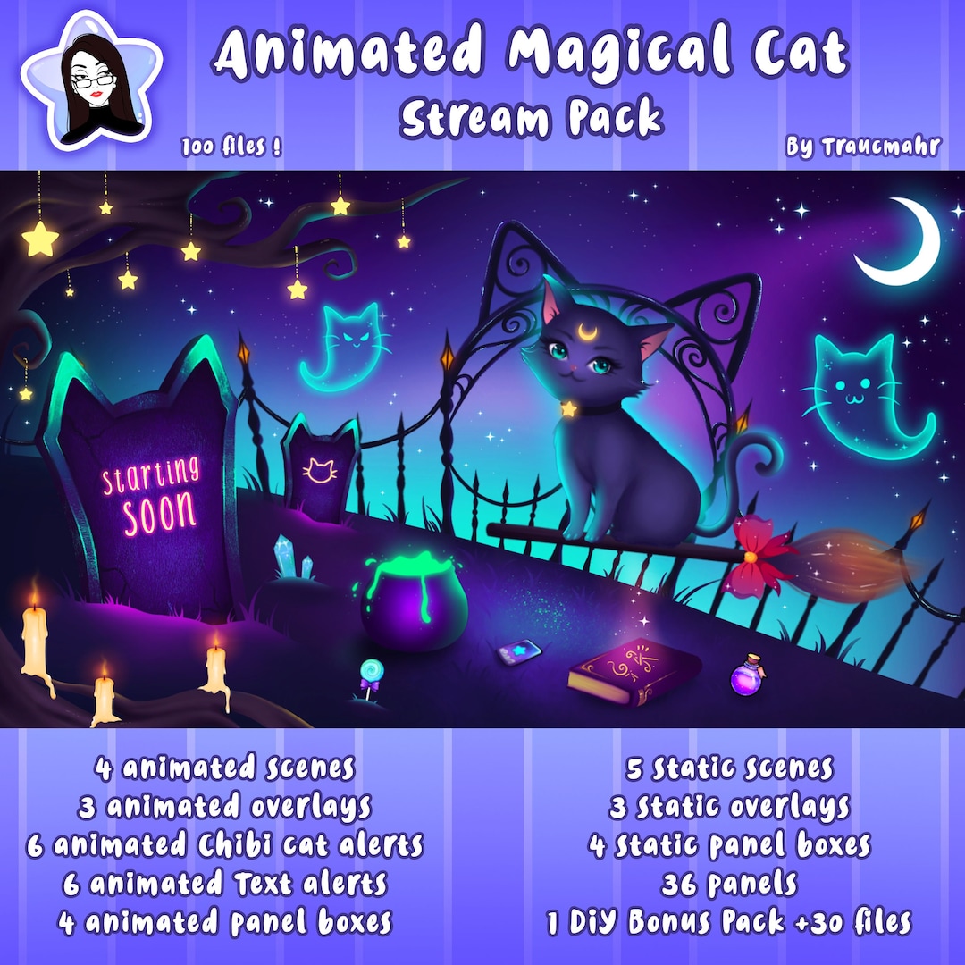 ANIMATED Magical Black Cat Stream Pack, Overlays, Scenes, Alerts ...