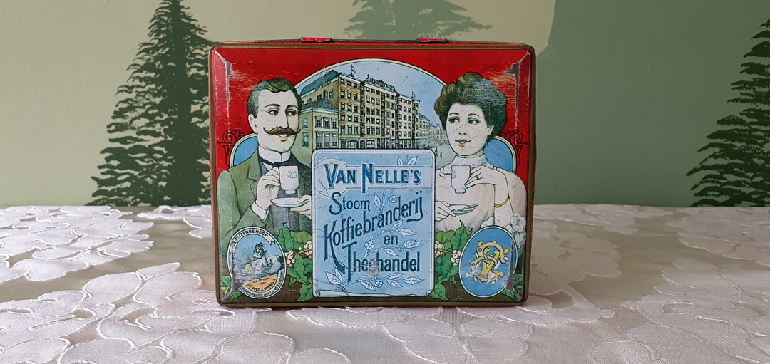 Vintage Van Nelle's Coffee Tea Tin 80's Dutch Gold Hinged Lid Metal ...