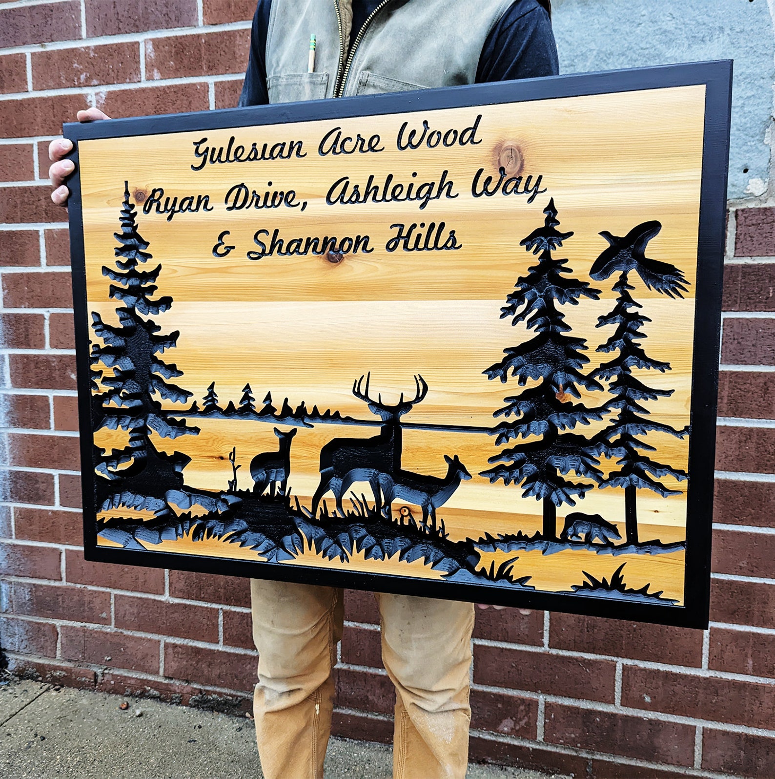 Engraved Cedar Sign With Woods and Deer Landscape and Personalized ...