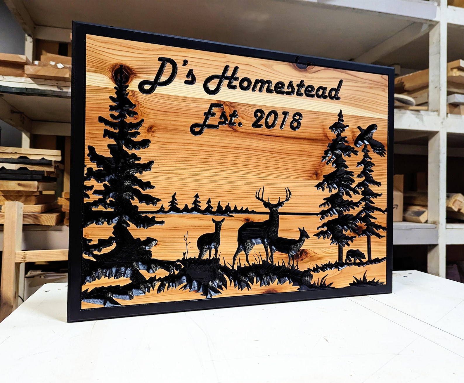 Engraved Cedar Sign With Woods and Deer Landscape and Personalized ...