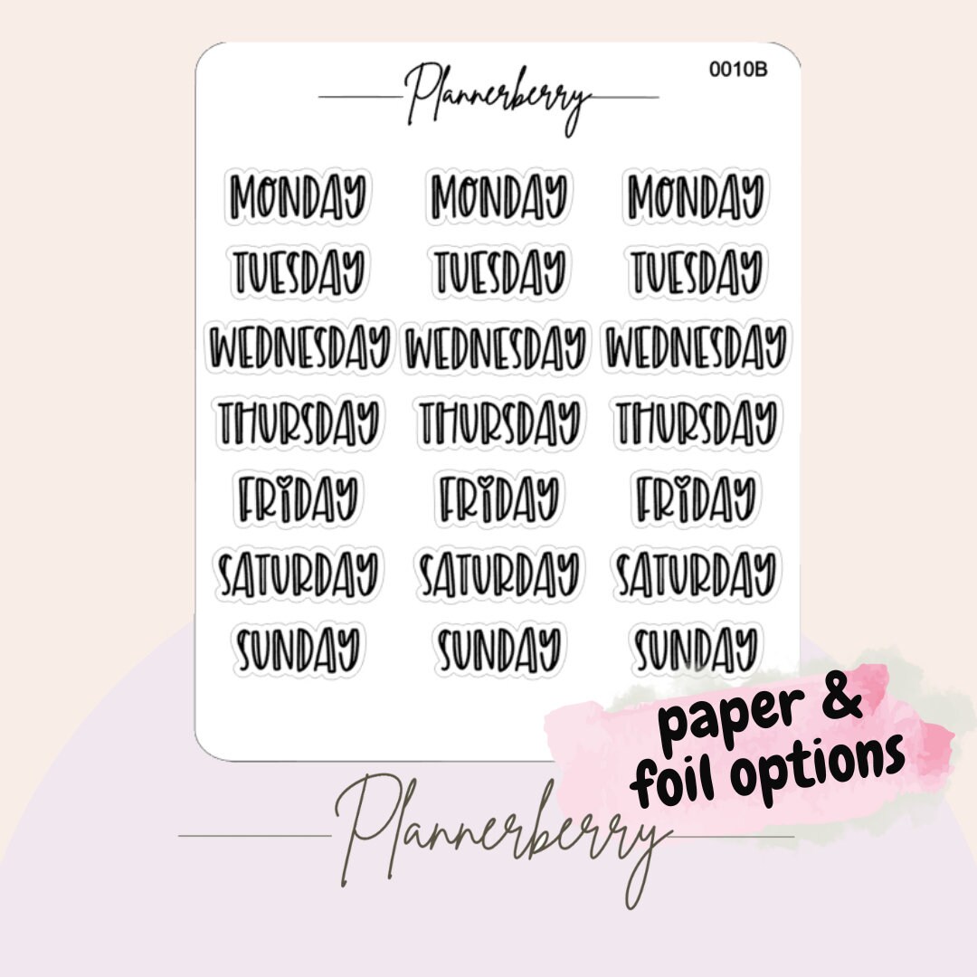 Days of the Week Planner Stickers. Paper and Foil Options - Etsy