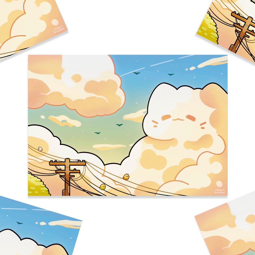 Cat Cloud Art Print, Kawaii Wall Decor - Etsy