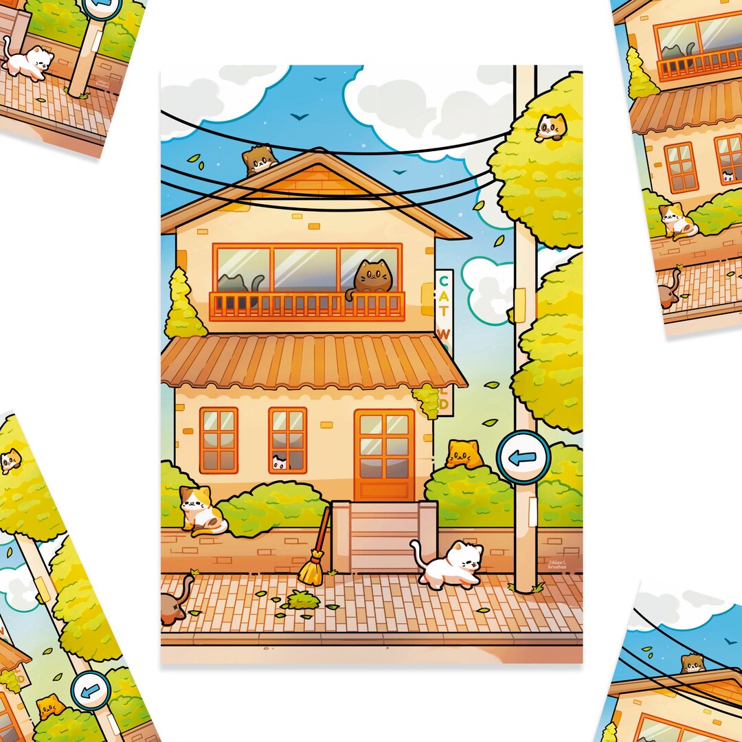Cute Cats World Art Print, Kawaii Wall Decor - Etsy