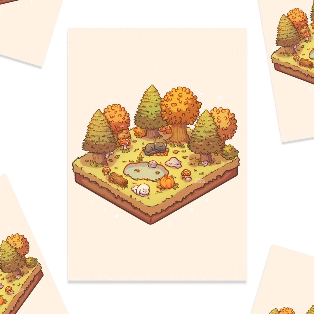 Isometric Fall Forest Art Print, Kawaii Wall Decor - Etsy