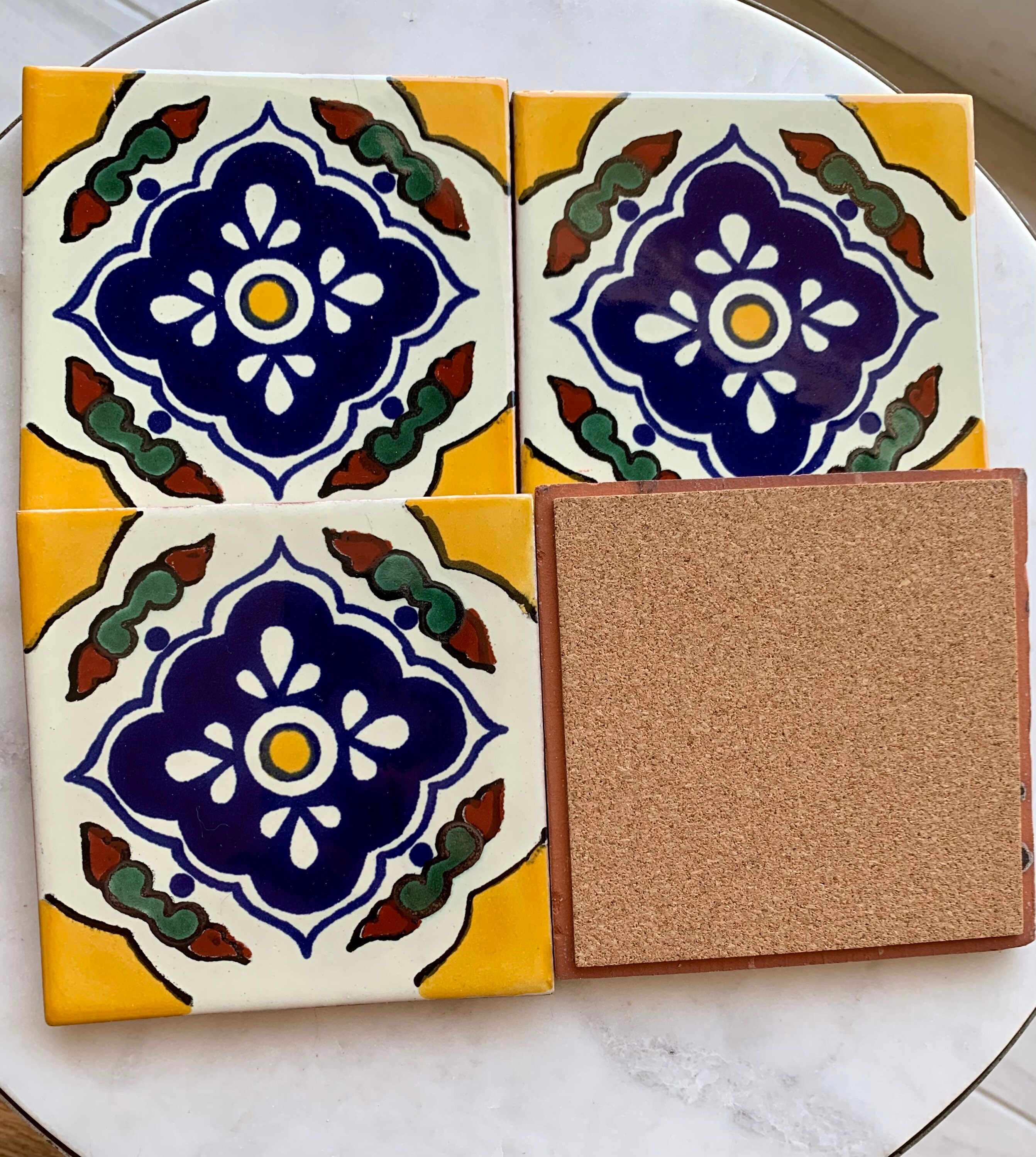 Mexican glazed Yellow Blue talavera tile coaster set Drink | Etsy