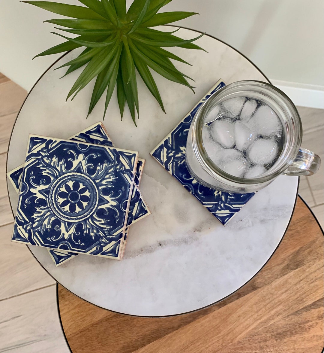 Blue and White Mexican Glazed Tile Coaster Set, Drink Coaster, Tile ...