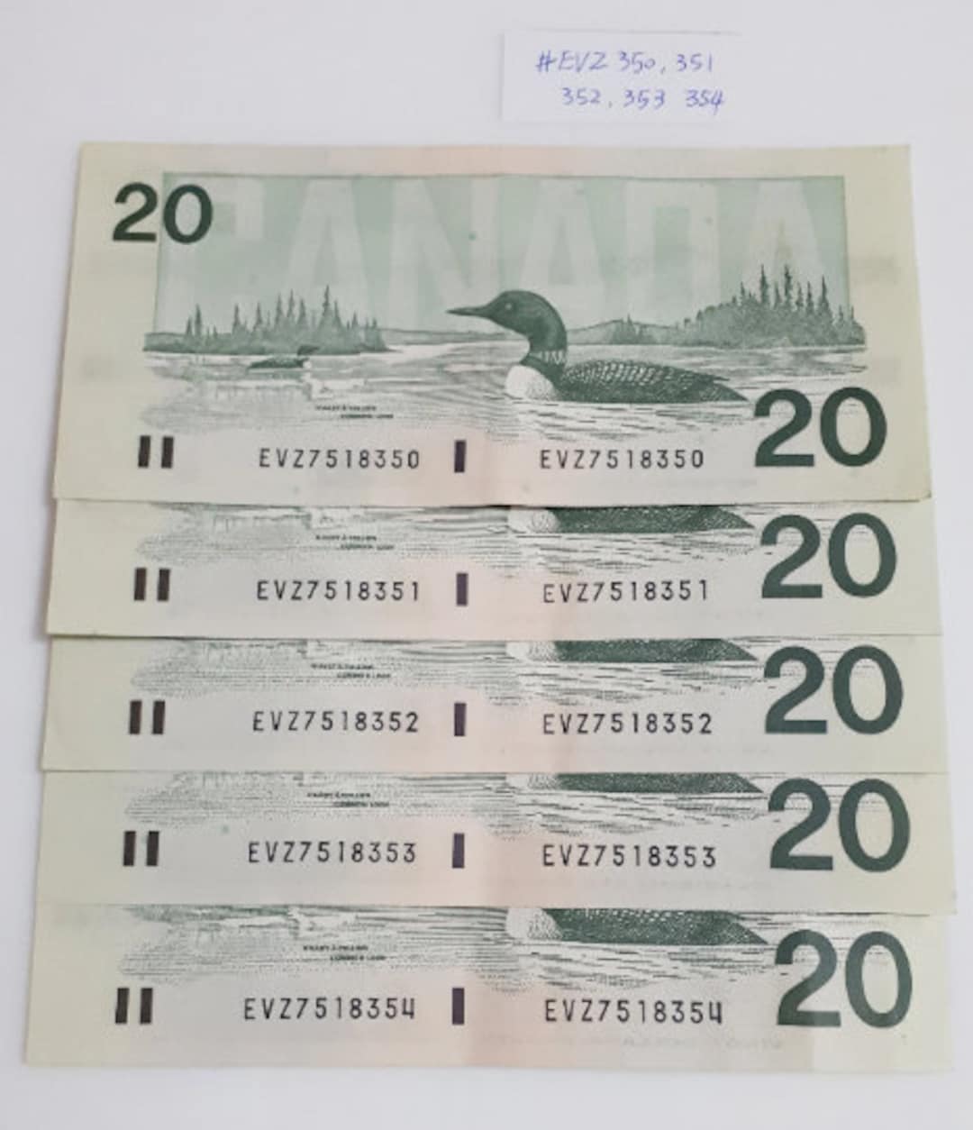 5 PCS of 20 Dollar Canadian Banknotes Consecutive Serial Numbers ...