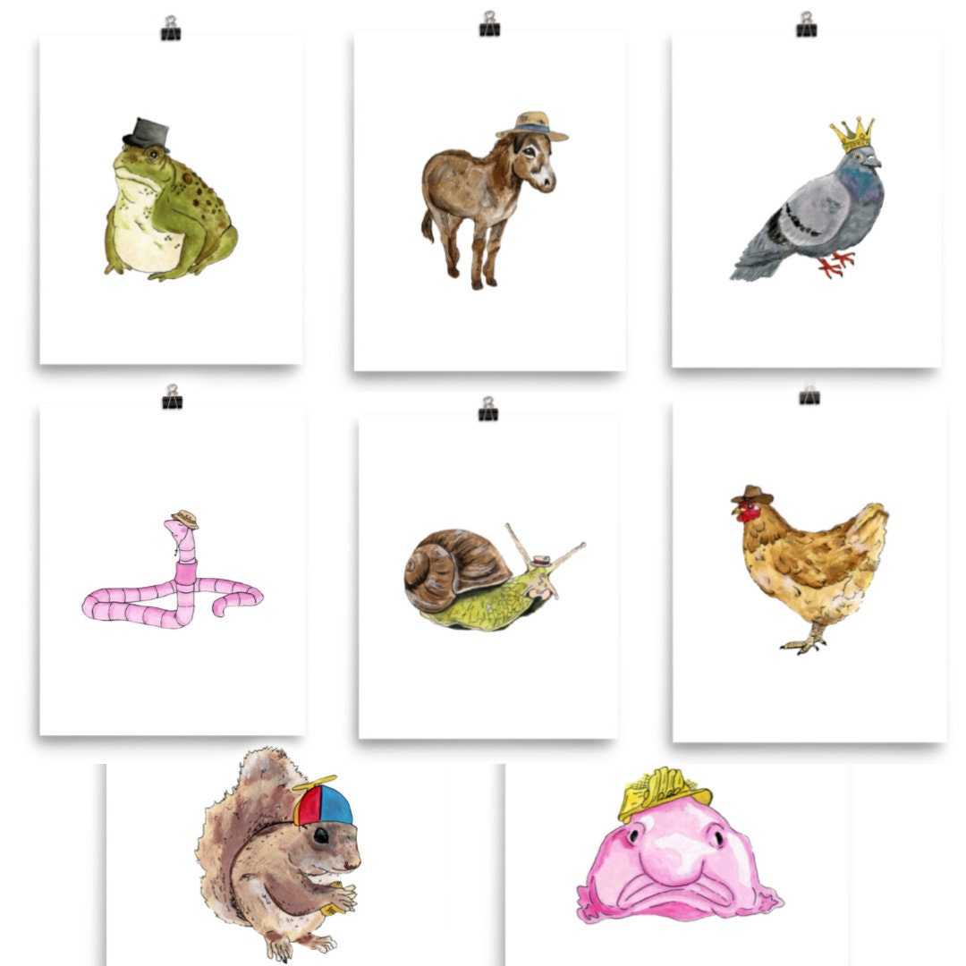 Animals in Hats Art Prints - 8.5x11, Cute Animal Art Print, Funny ...