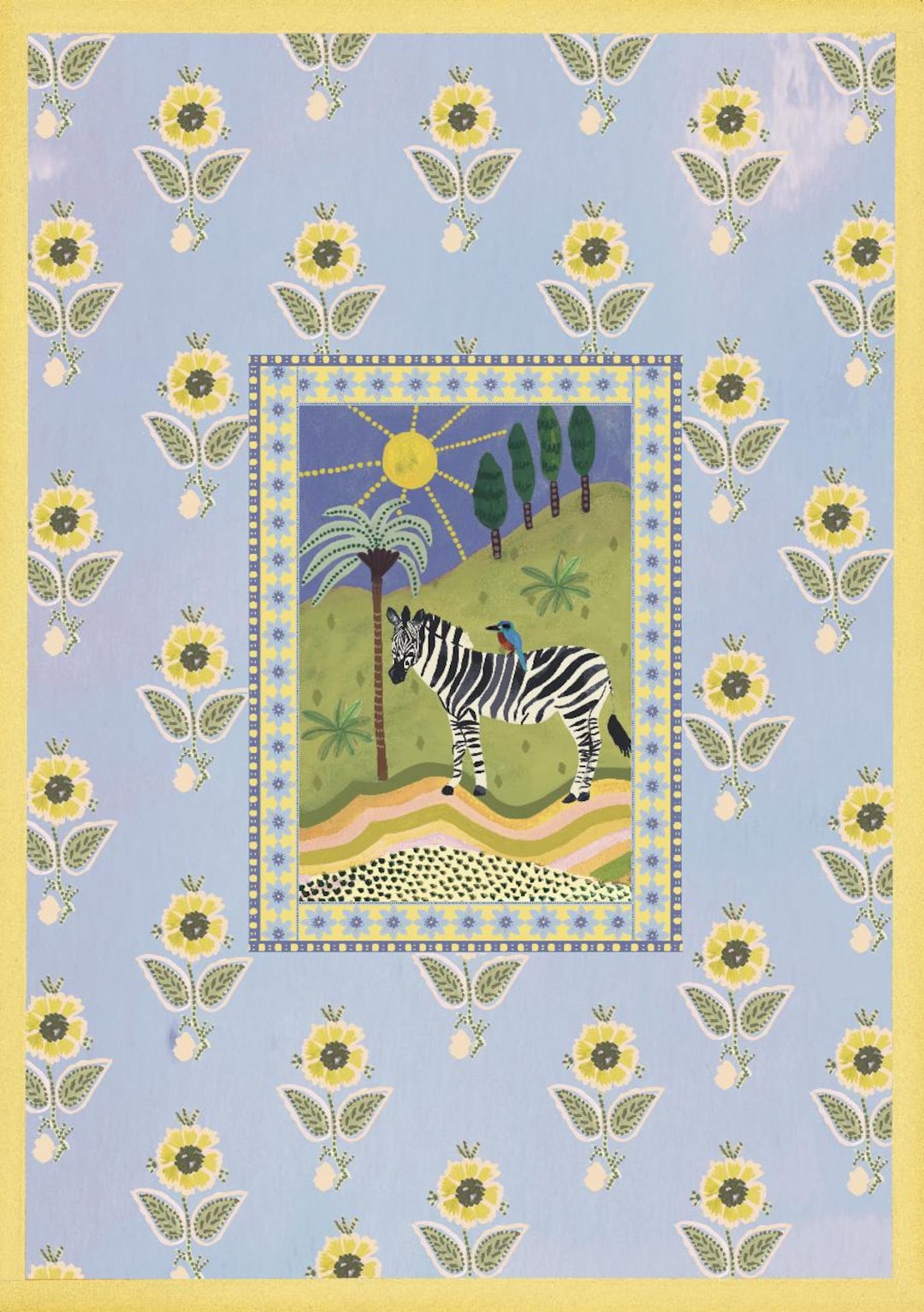 Zebra Woodblock Blue / Vibrant Illustration / Art Print / A5, A4, A3 ...