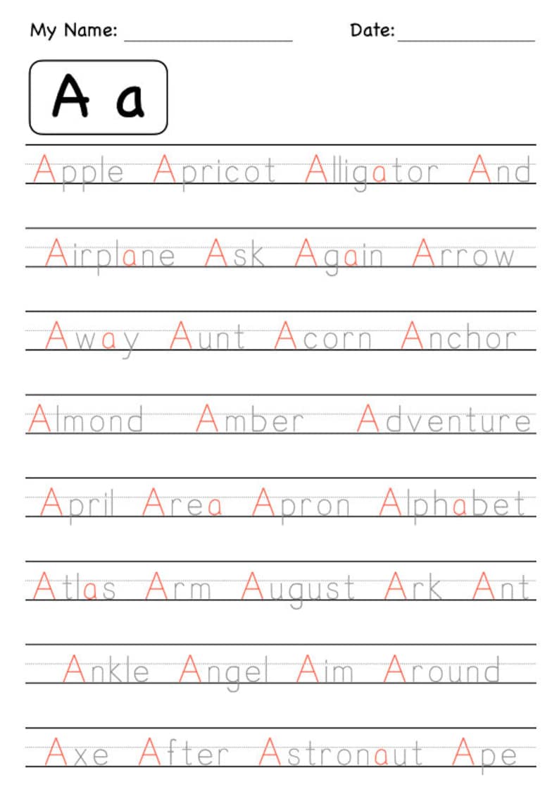 ABC Alphabet Words Printable Tracing Worksheet - Etsy