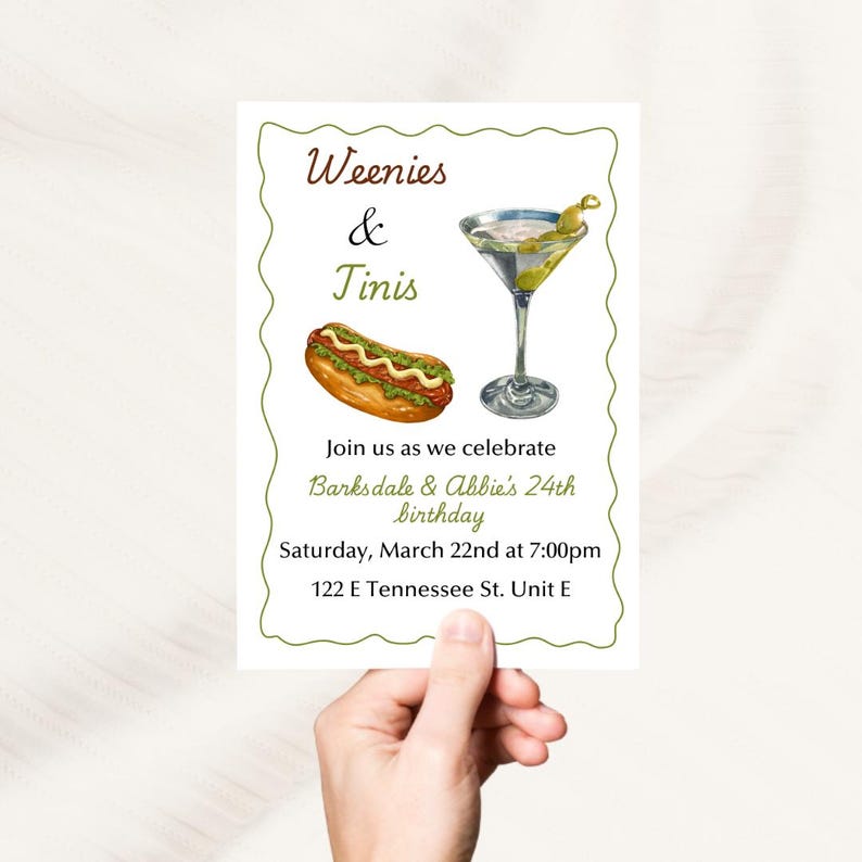 Weenies and Tinis Party Invitation, Martini Birthday, Hot Dog, Digital ...