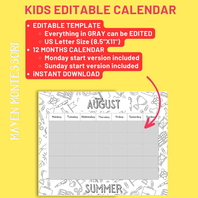 EDITABLE PRINTABLE Kids Calendars Monday and Sunday Starts - Etsy