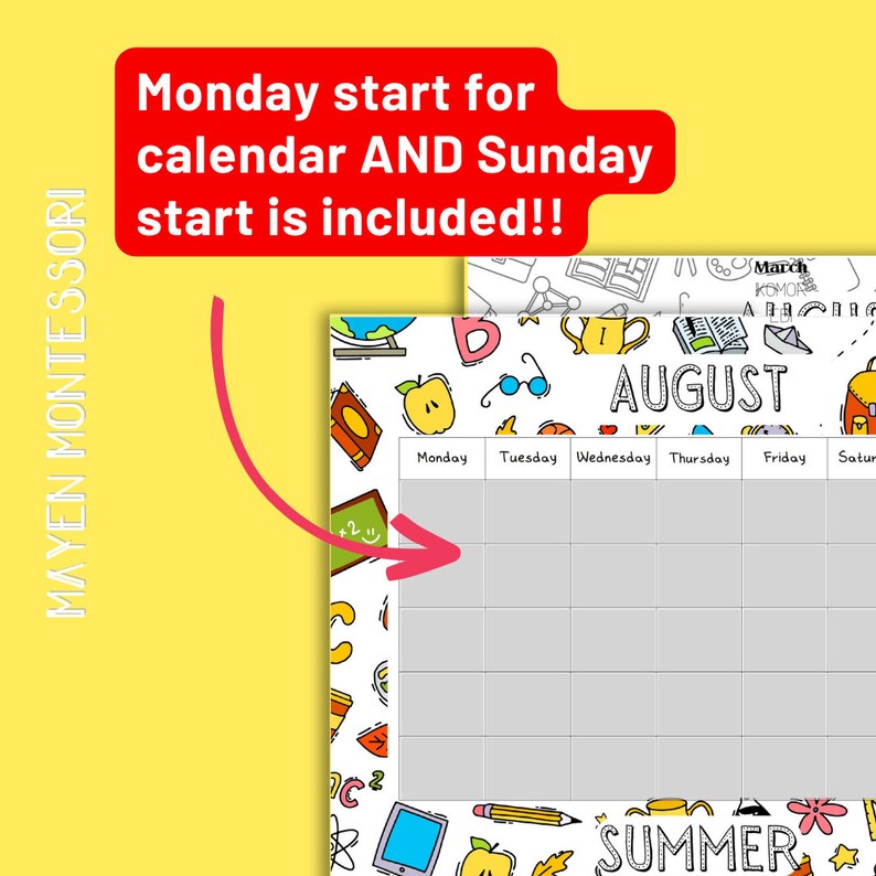 EDITABLE PRINTABLE Kids Calendars Monday and Sunday Starts - Etsy UK