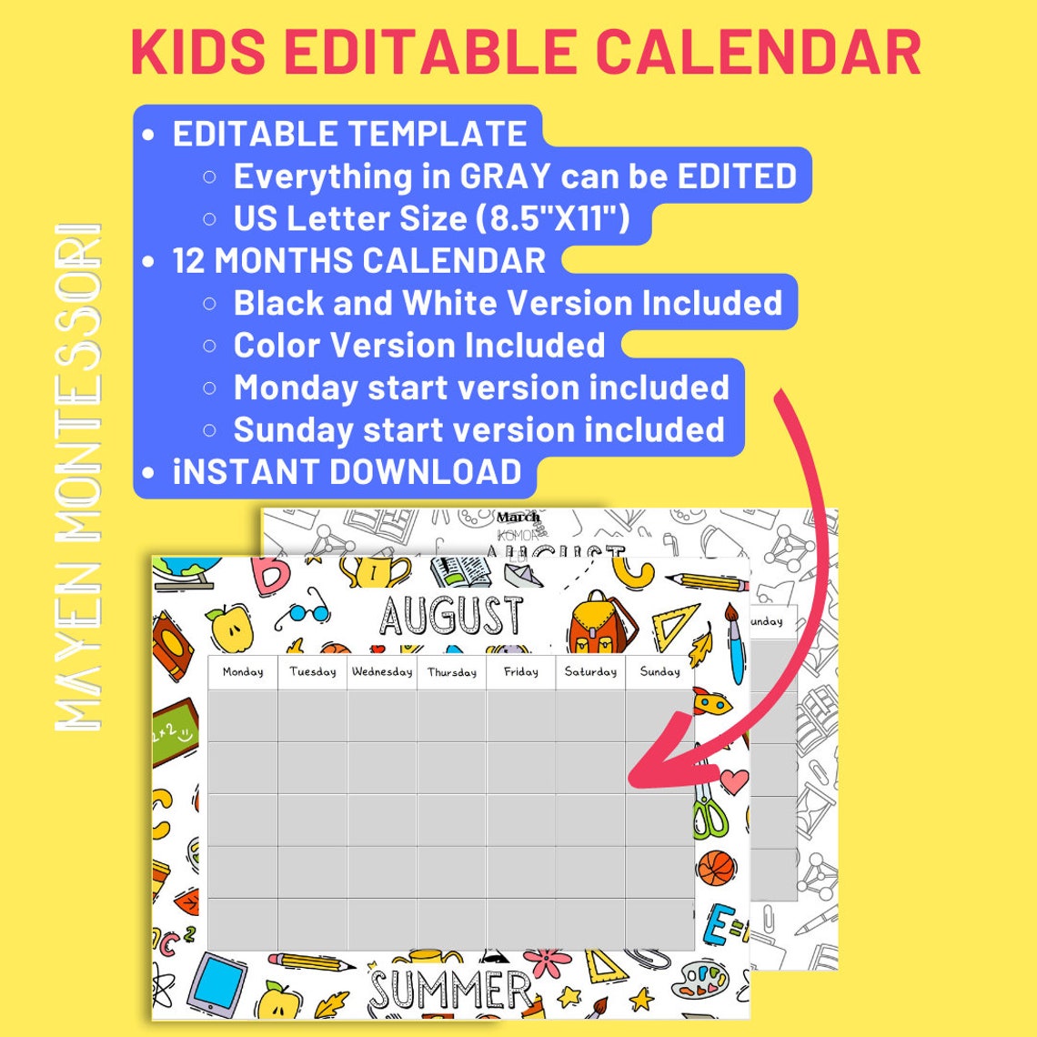 EDITABLE PRINTABLE Kids Calendars, Monday and Sunday Starts, Monthly ...