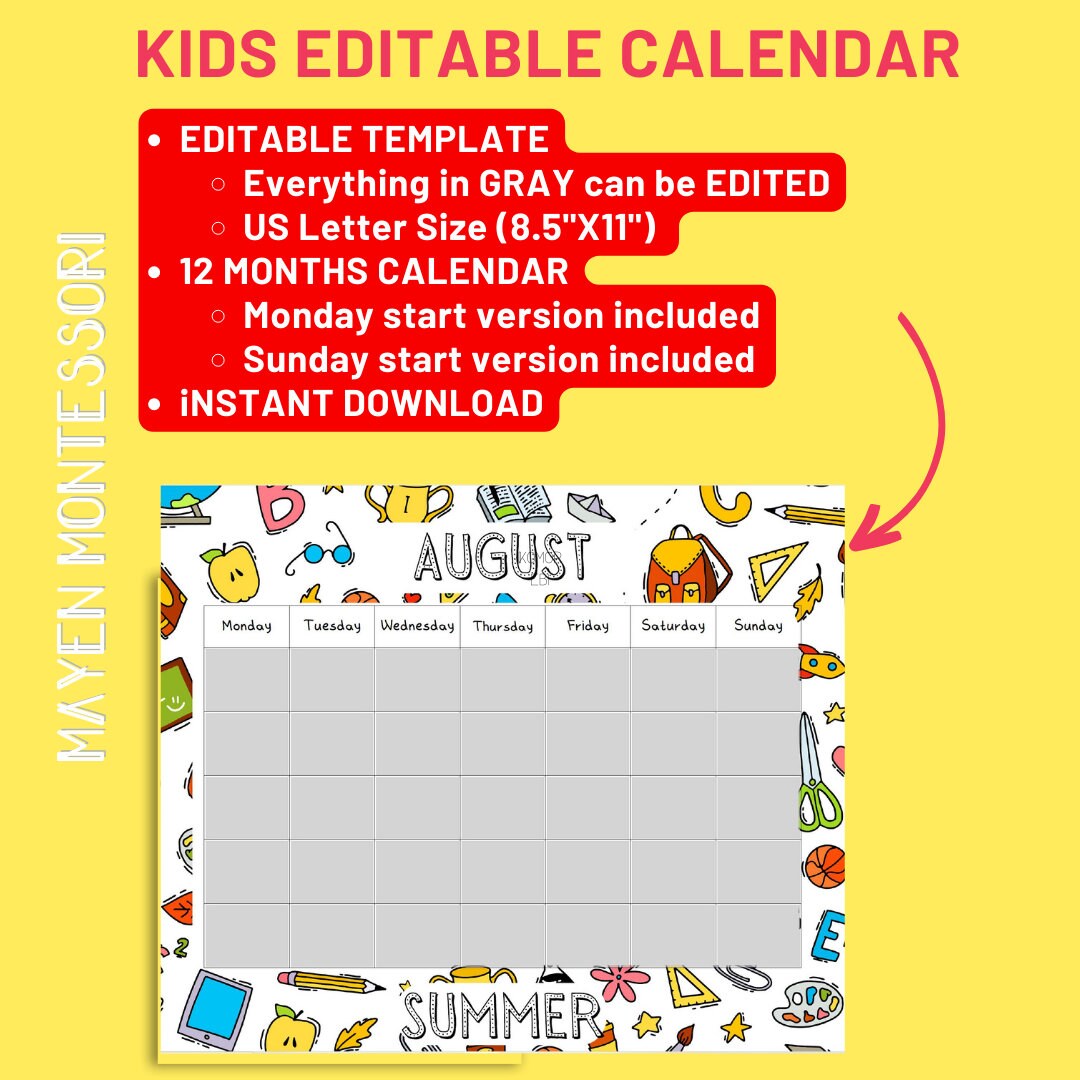 EDITABLE PRINTABLE Kids Calendars, Monday and Sunday Starts, Monthly ...