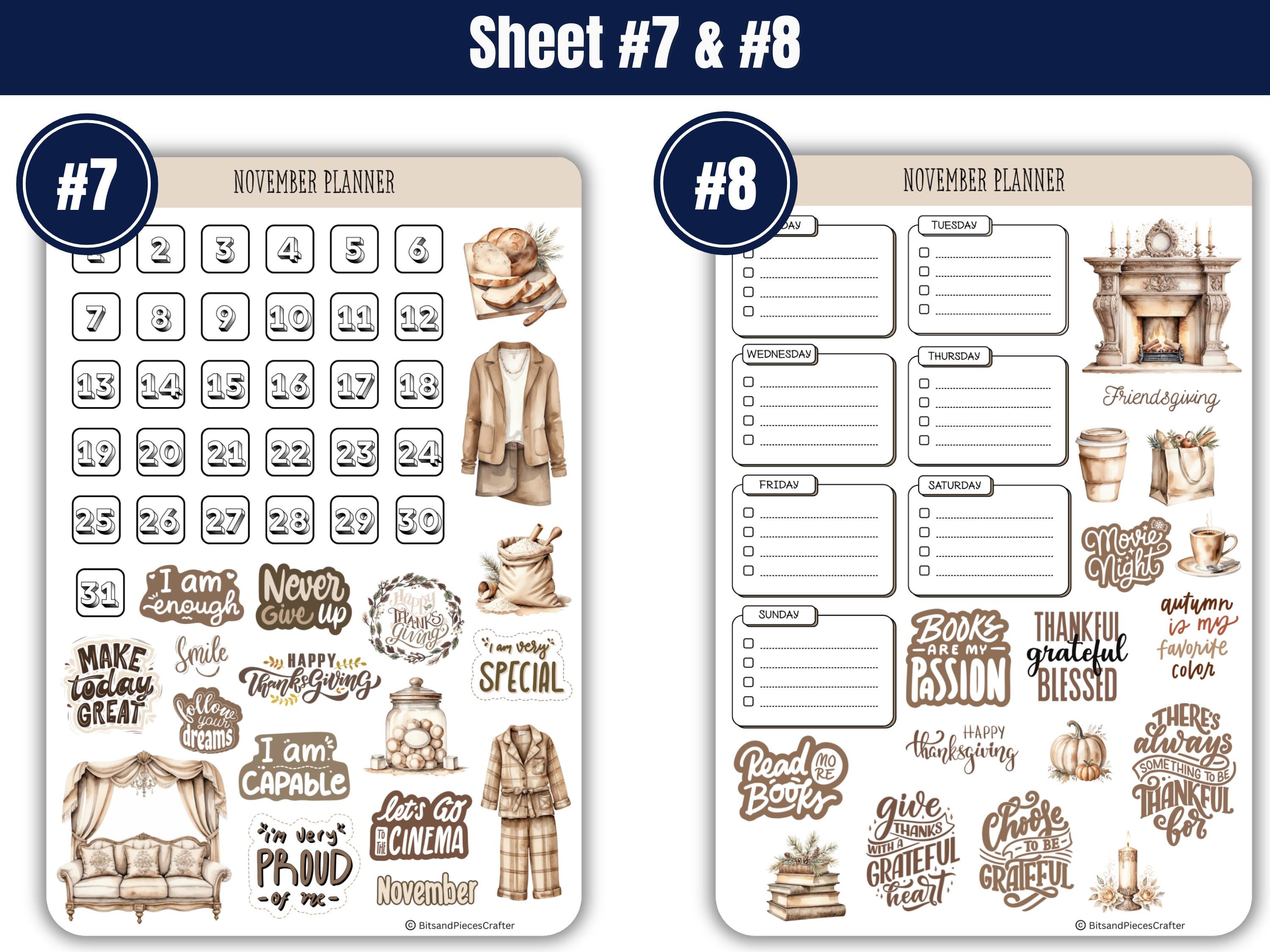 November Planner Aesthetic Sticker Sheets, Cozy Fall Vibes Planner and ...