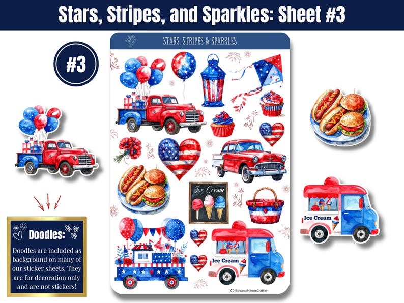 Patriotic Sticker Sheet Set, Red White Blue Watercolor Journal Stickers ...